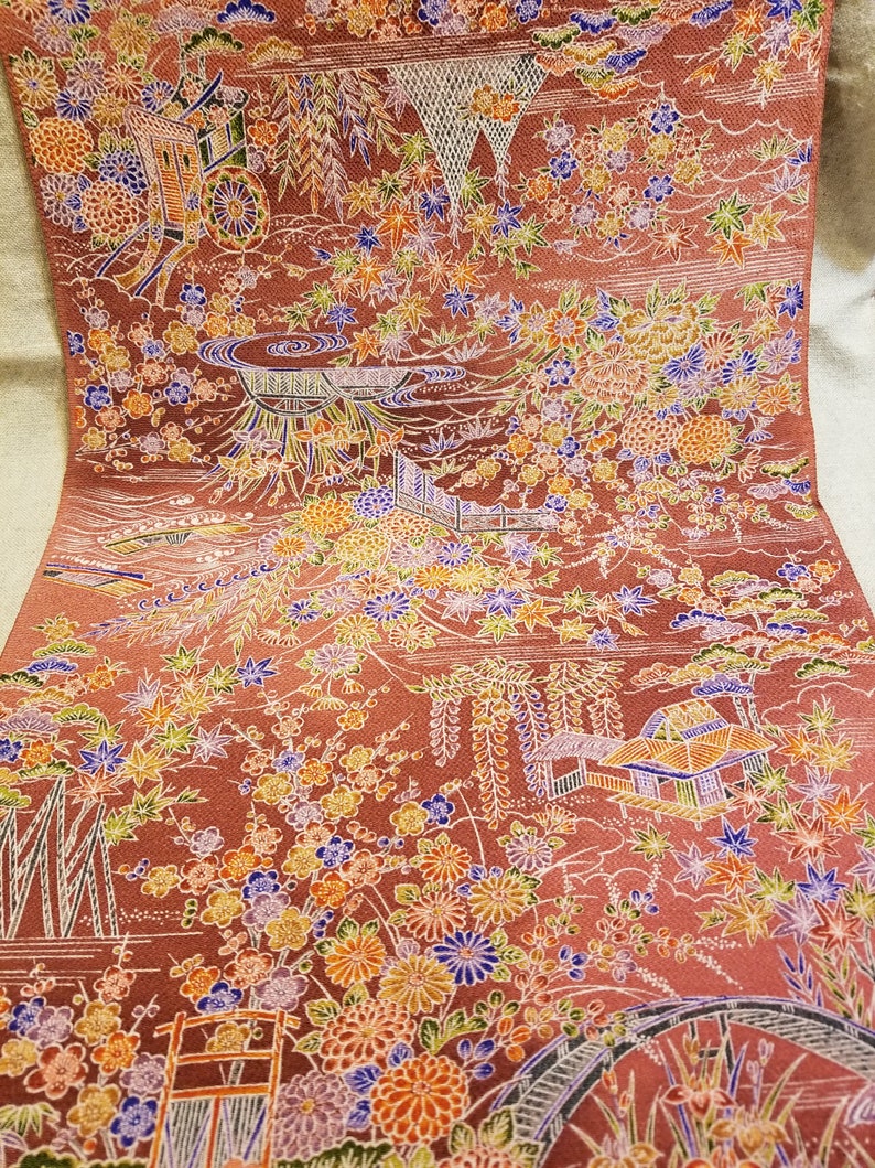 Vintage Japanese Silk Kimono Fabric/ Bingata Rural Scene/by the Yard - Etsy