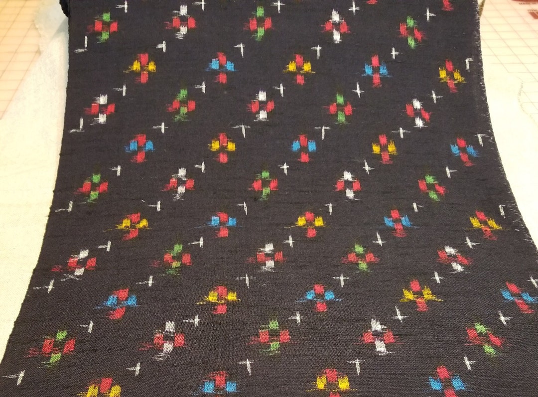 Vintage Japanese Kimono Fabric/wool/kasuri Weave Bright Colors on Dark ...