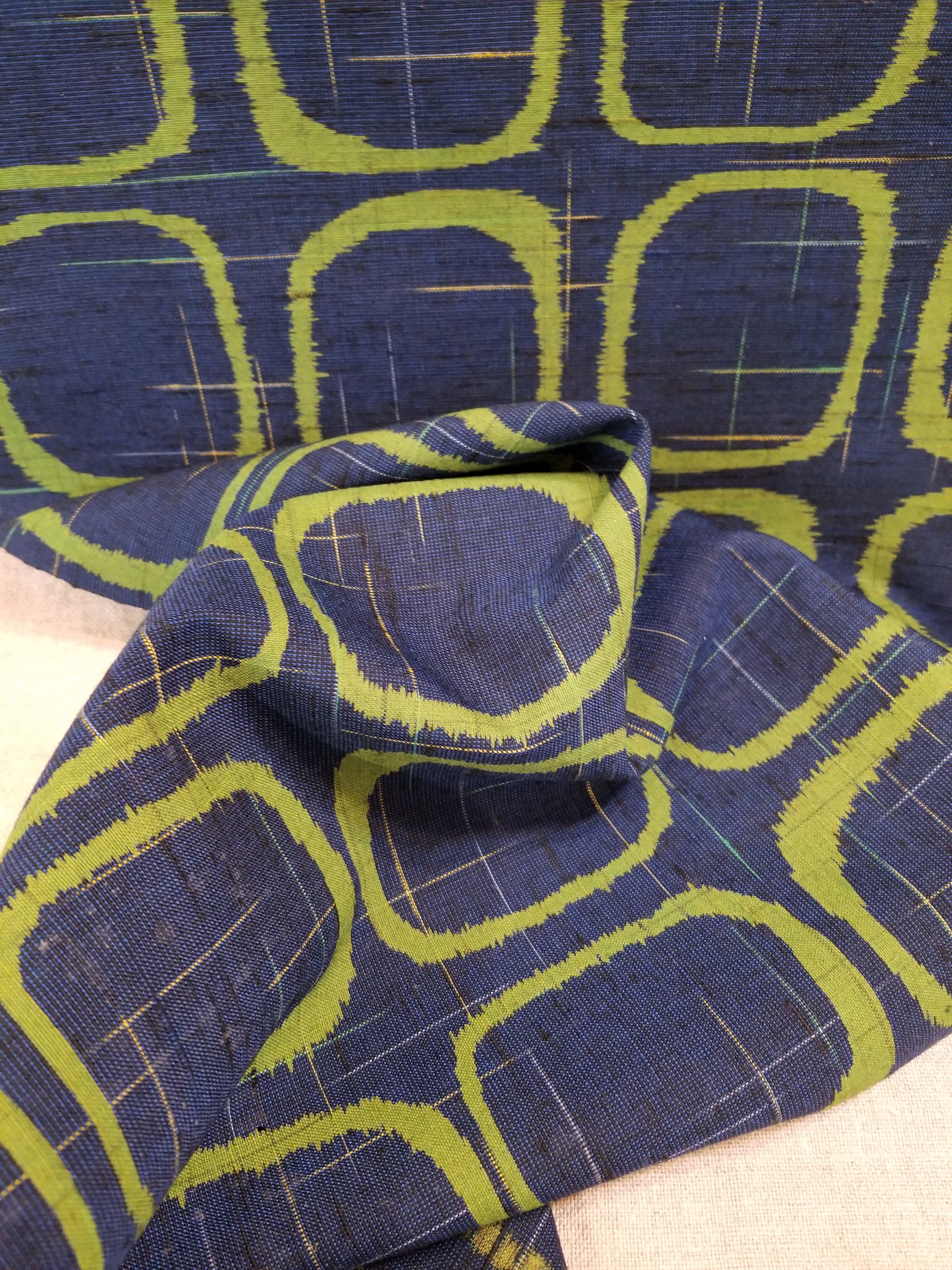 Vintage Japanese Wool Blend Kimono Fabric Dark Blue With Abstract Green ...