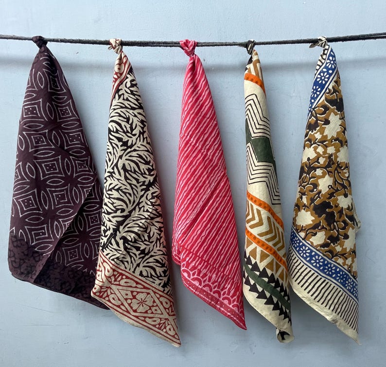 Hand Block Printed Organic Cotton Bandana Set - 5 Pack - Etsy