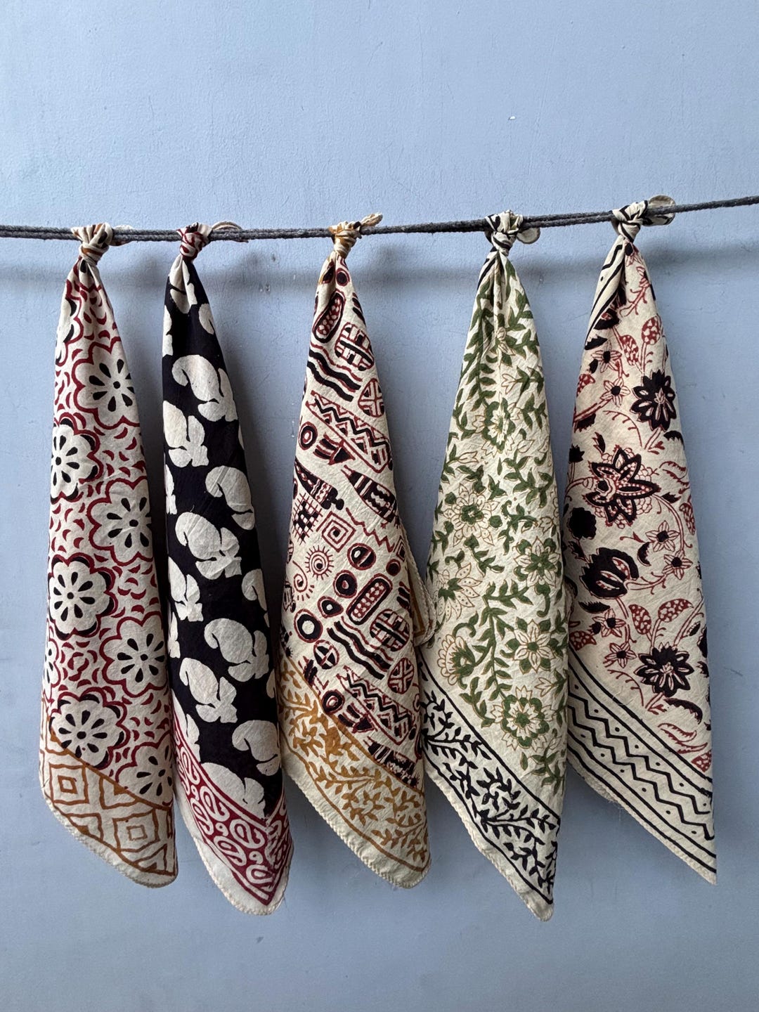 Hand Block Printed Bandana Set, Organic Cotton Handkerchiefs, Set of 5 ...