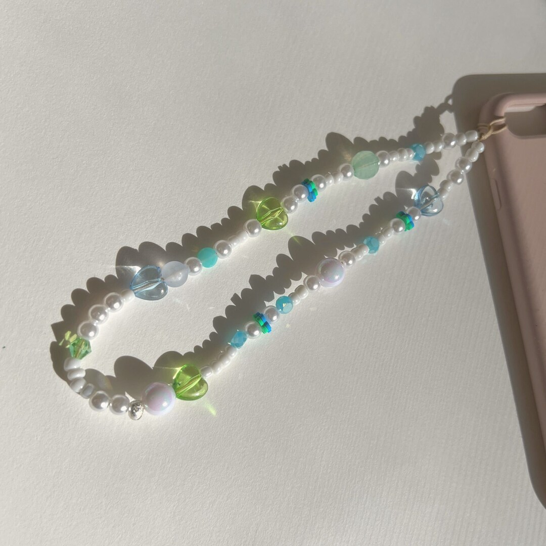 Blue Green Pearl Phone Chain, Y2k Phone Accessories, Beaded Phone Strap ...