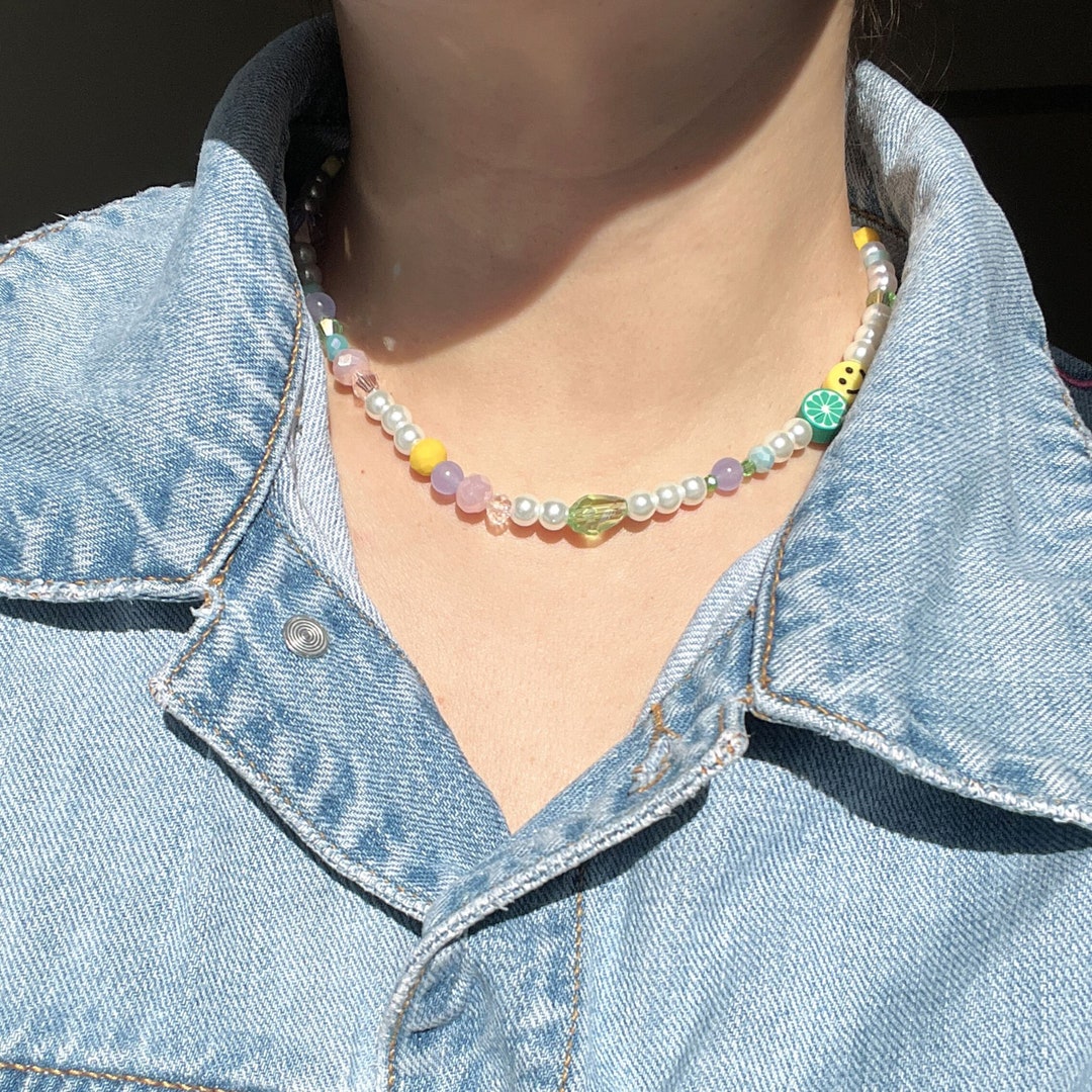 Pastel Color Beaded Necklace, Kpop Jewelry, Y2k Smiley Face Choker, Ive ...