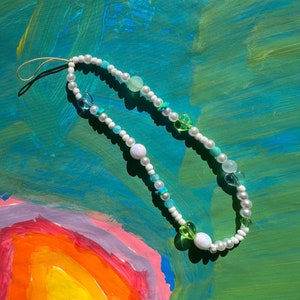 Blue Green Pearl Phone Chain, Y2k Phone Accessories, Beaded Phone Strap ...