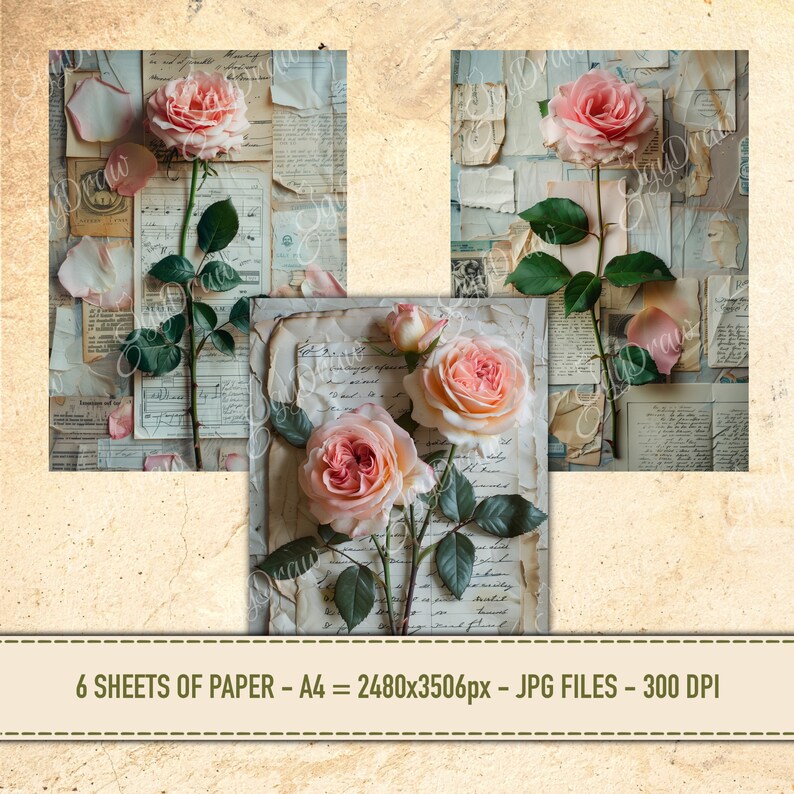 Vintage Pink Roses Scrappy Papers, Junk Journal, Vintage Paper, Printable, Digital Download ...