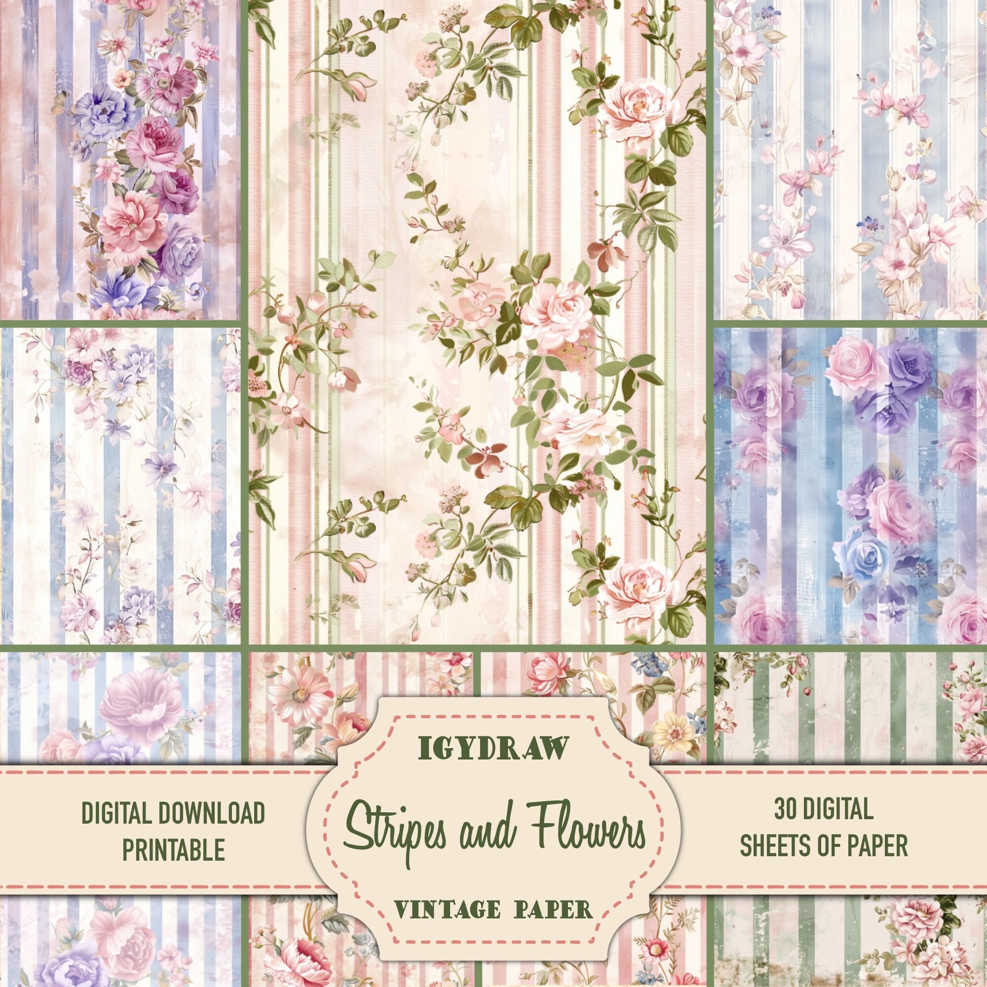 Junk Journal Paper, Digital Paper, 30 Pages of Paper, Stripes and ...