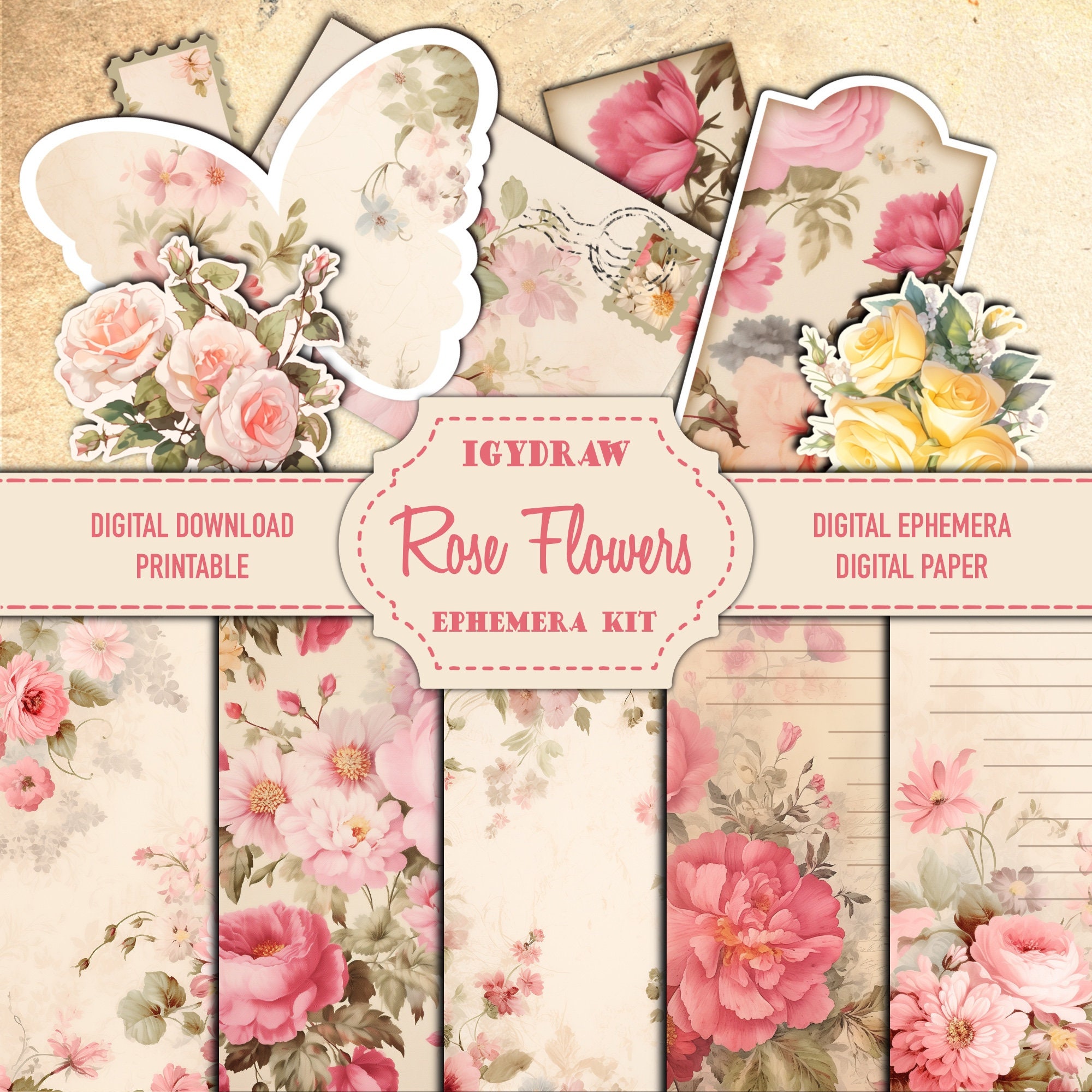 Junk Journal Kit, Ephemera Kit, 9 Pages of Paper, 11 Pages of Ephemera ...