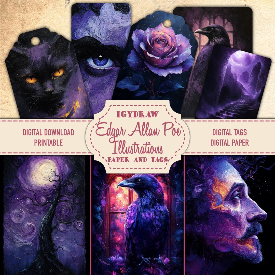 Edgar Allan Poe Digital Paper, Digital Tags, Ephemera Kit, 20 Pages of ...