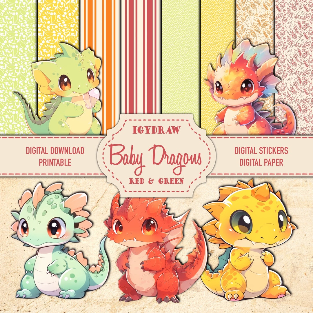 Baby Dragons Scrapbook Kit, Printable Stickers, Digital Paper (A4 ...