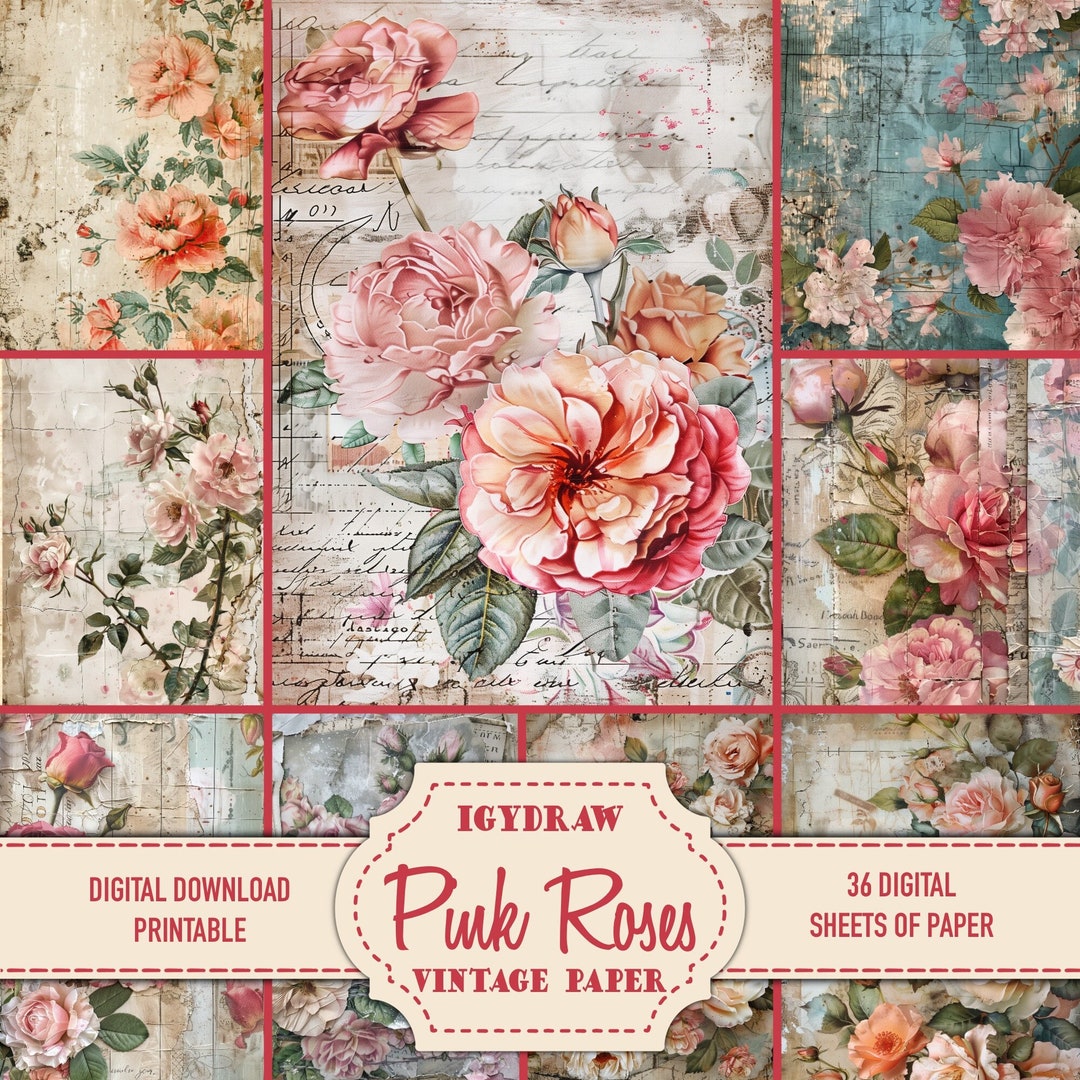 Junk Journal Paper, Digital Paper, 36 Pages of Paper, Vintage Pink ...