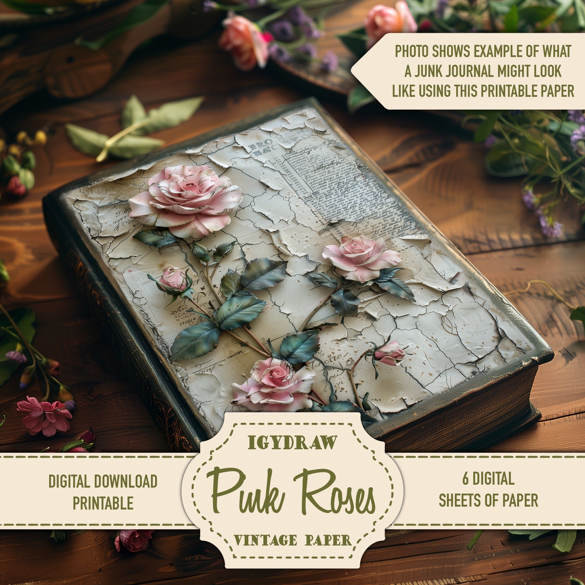 Vintage Pink Roses Scrappy Papers, Junk Journal, Vintage Paper, Printable, Digital Download ...