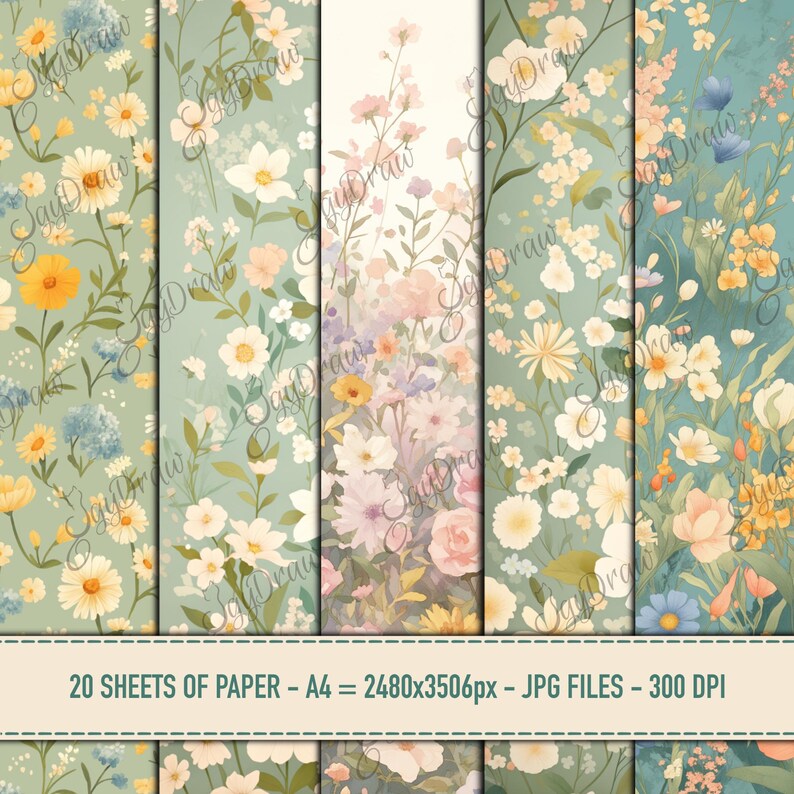 Junk Journal Paper, Digital Paper, 20 Pages + 10 Double Pages, Flower ...
