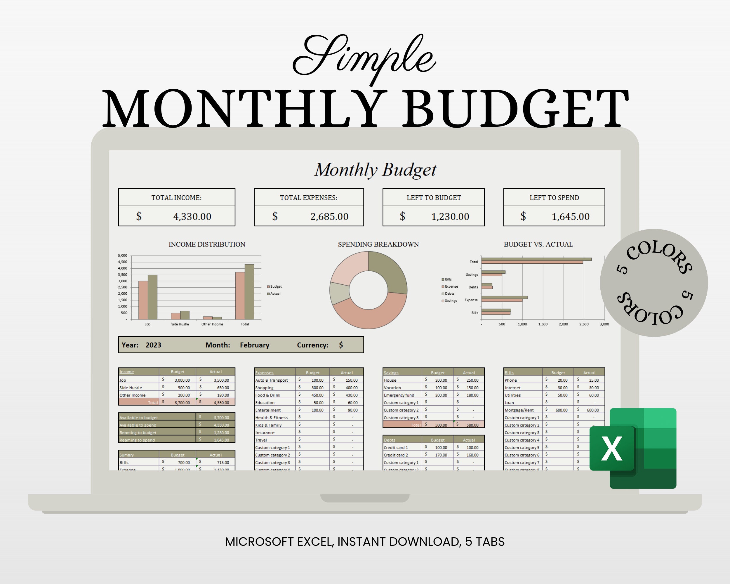 Microsoft Excel Budget Spreadsheet Monthly Template Personal Finance