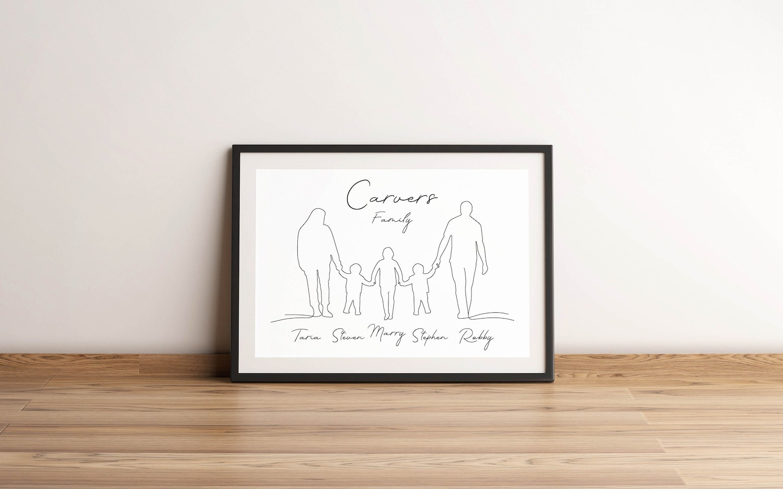 Personalized Family of Five Line Art Print, Three Kids Family ...