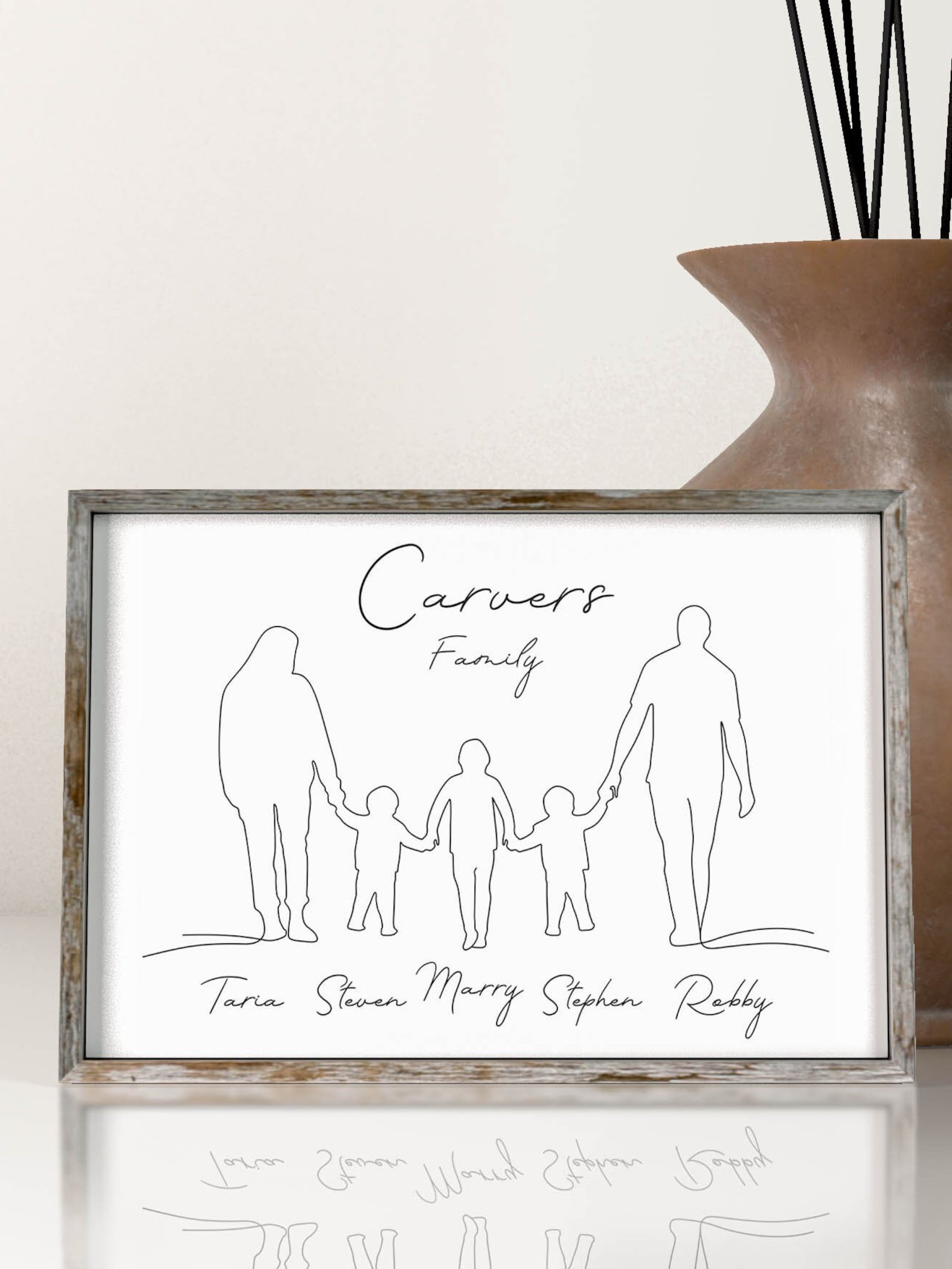 Personalized Family of Five Line Art Print, Three Kids Family ...