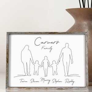 Personalized Family of Five Line Art Print, Three Kids Family ...