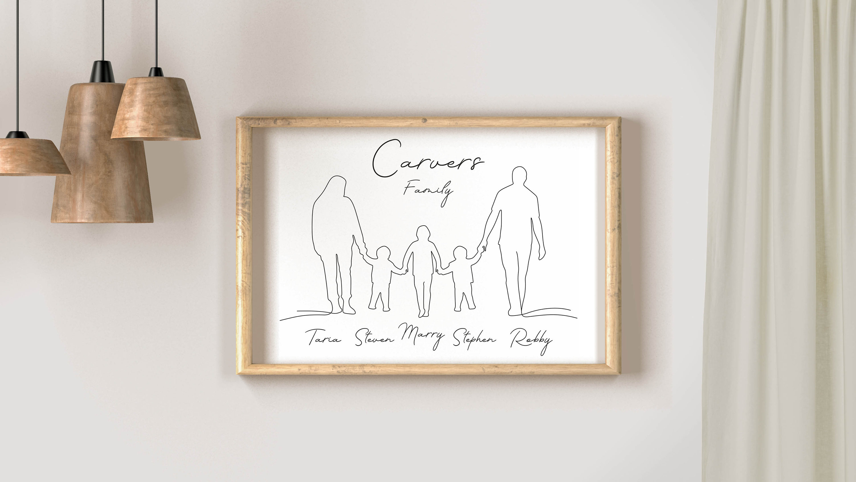 Personalized Family of Five Line Art Print, Three Kids Family ...