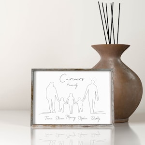 Personalized Family of Five Line Art Print, Three Kids Family ...