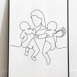 Mom and Babys One Single Line Art Print, Baby With Wings, Outline ...