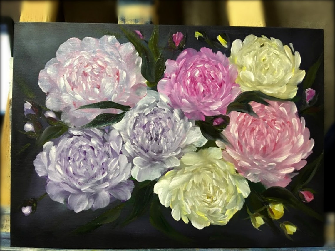 Painting Flower Peonies Impressionism Original Art Flower Oil | Etsy