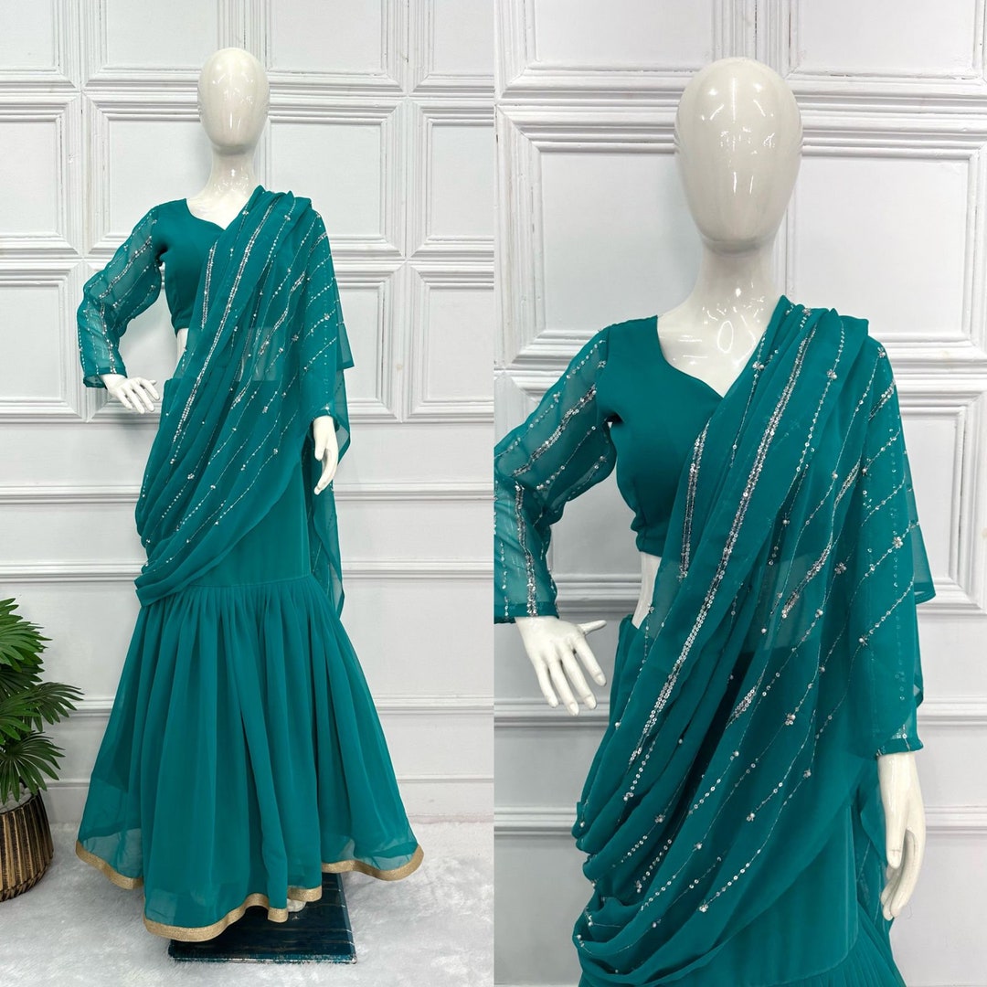 Beautiful Embroidery Work Lehenga Saree Paired With Full Stitched Ready ...