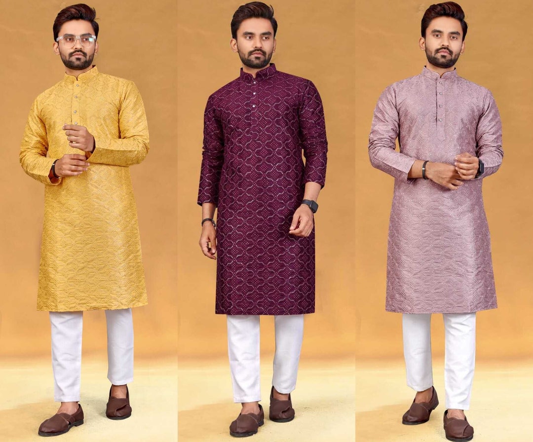 Men's Kurta Pajama Set,blended Silk Kurta,embroidery Thread Sequins ...