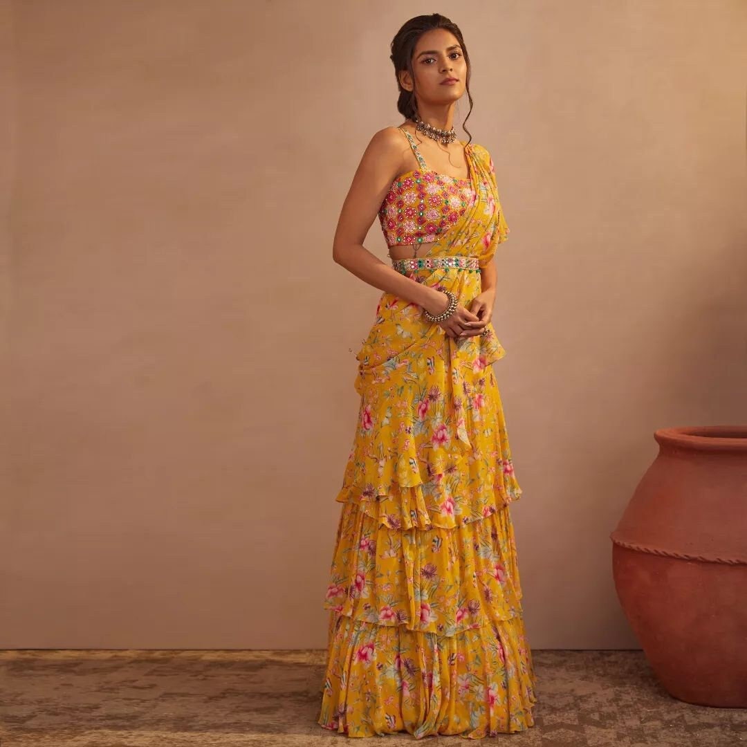 Ready to Wear Lehenga Saree Blouse,ruffle Lehenga Saree,3 Layer Ruffle ...