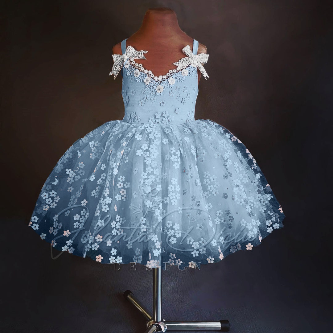 Blue Puffy Dress for Girl With Flowers, Birthday Dress for Girl ...