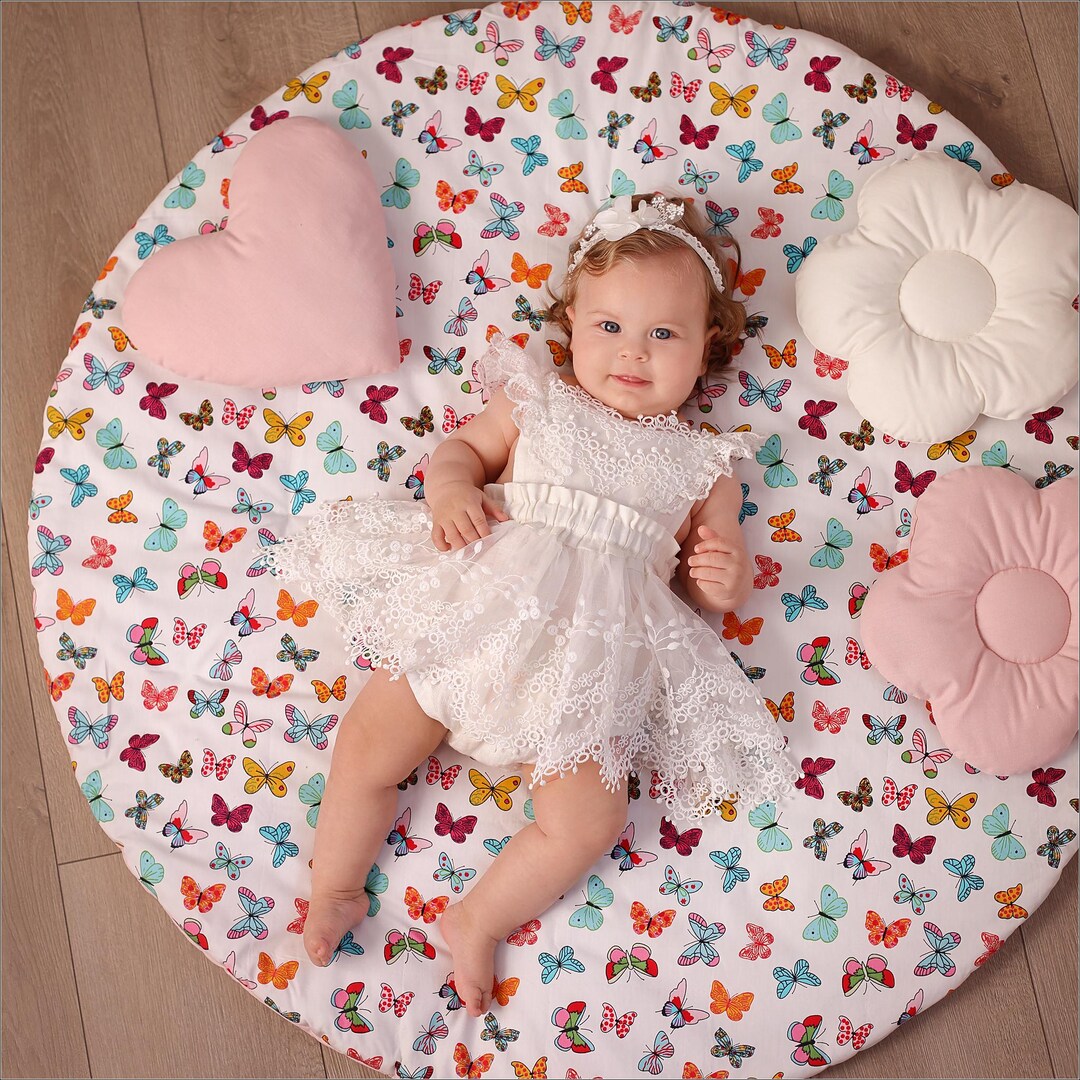 Round Baby Playmat With Butterflies, Tummy Time Padded Playmat, Baby ...