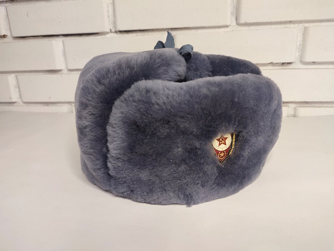 Military Cap USHANKA Hat With Cockade Soviet Russian Sheepskin Coat 56 Size Original Winter ...