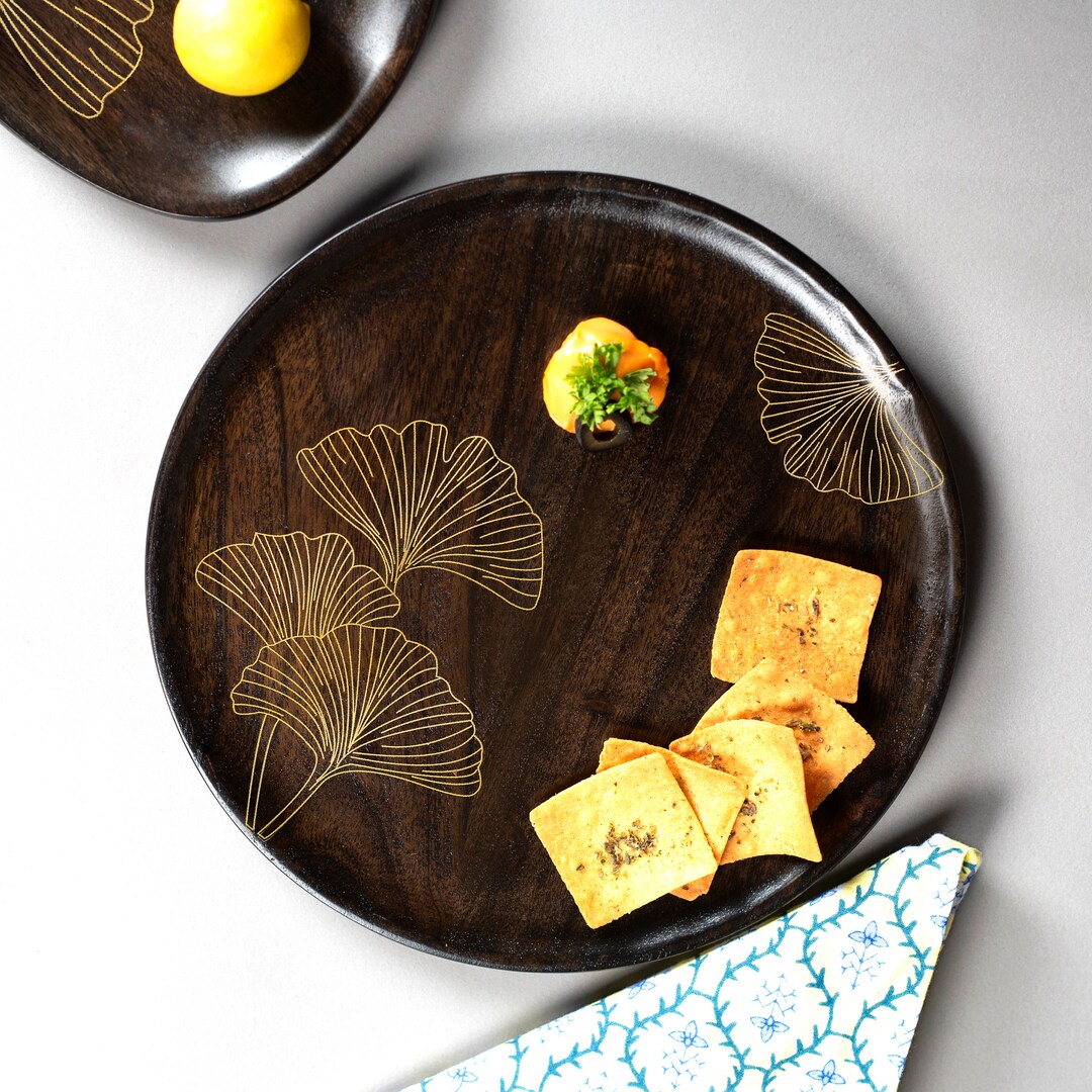Serving Platter Round Charcuterie Board With Brass Inlay, Acacia Wood ...