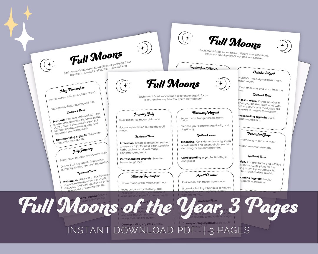 Full Moons of the Year, Monthly Full Moons, Moon Phases Printable Pages ...