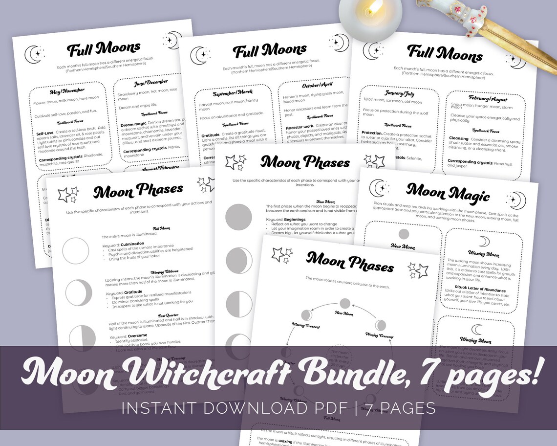 Moon Witchcraft Bundle, Moon Phases Printable Pages, Lunar Phases, Moon ...