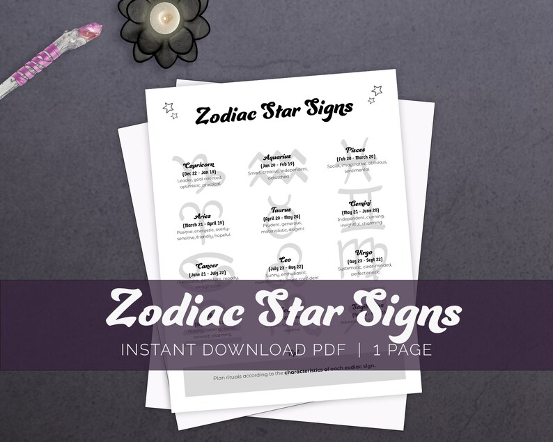Zodiac Star Signs Printable Page, Astrology Page, Witchcraft Basics ...