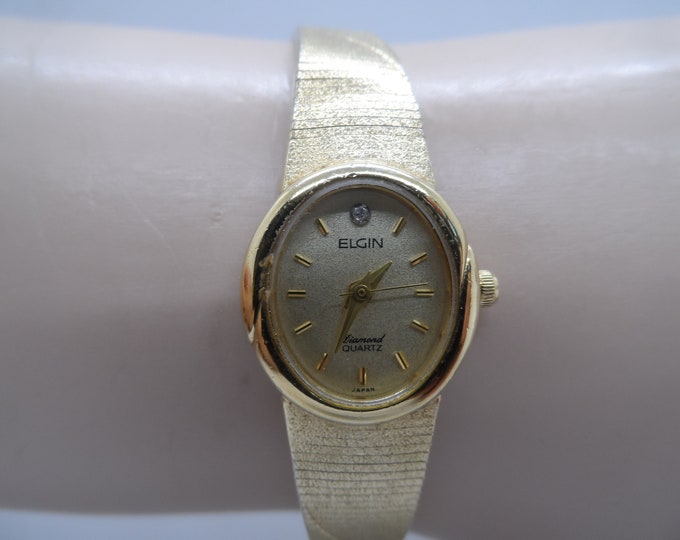Vintage Elgin Diamond Ladies Quartz Gold Tone Watch Japan Quartz ...