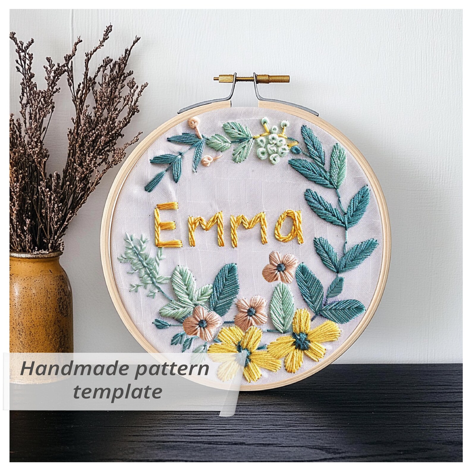 Floral Name Embroidery Pattern: Wildflower Wreath, Personalized Hoop ...