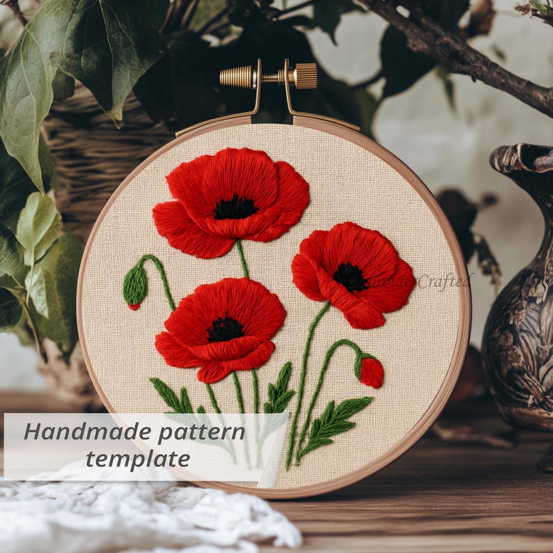 Red Poppy Embroidery Pattern: Floral Hand Stitch Design (PDF Download ...