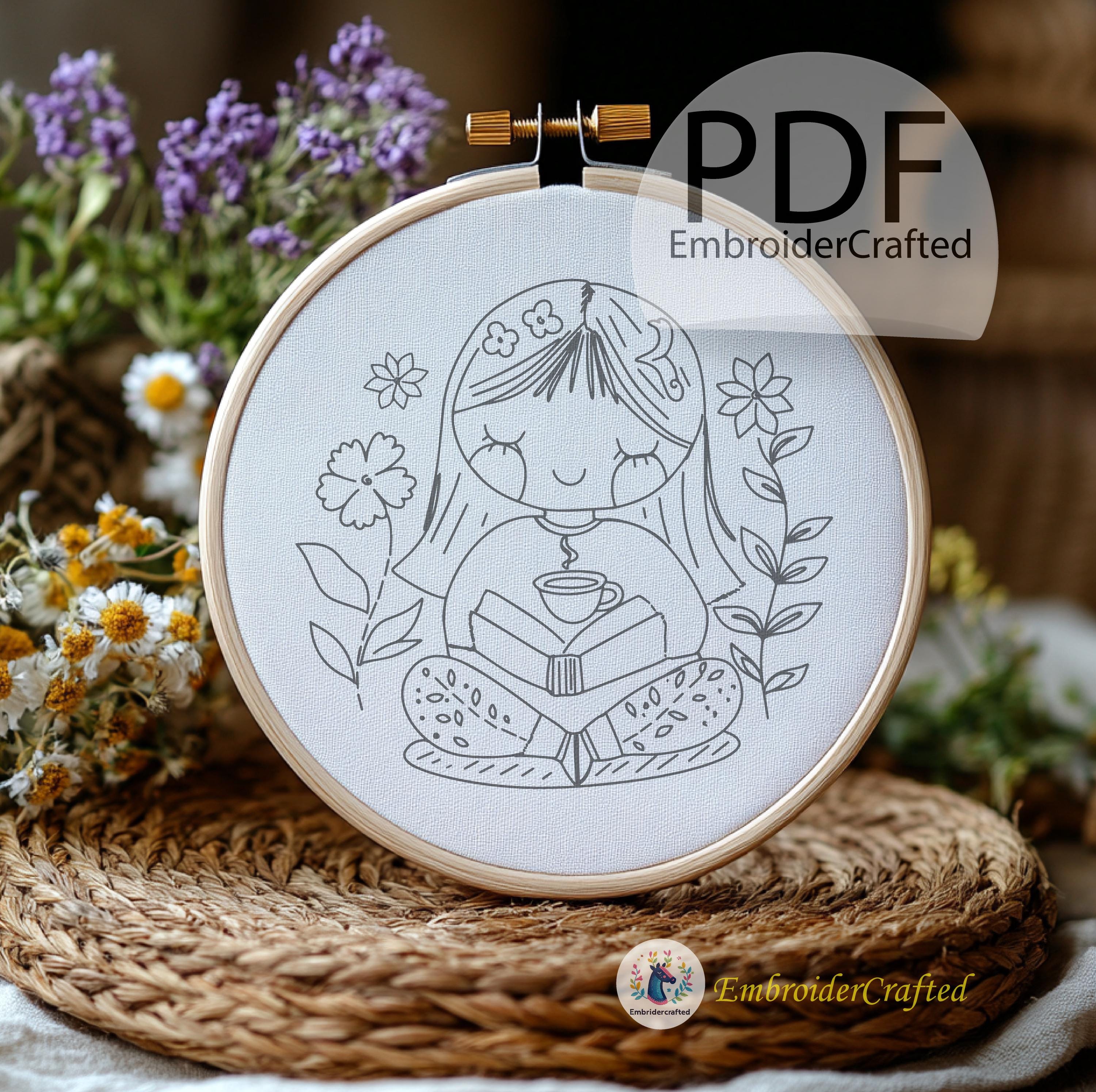 Cozy Girl Reading Embroidery Pattern: Floral Hoop Art (PDF Download, 6 ...