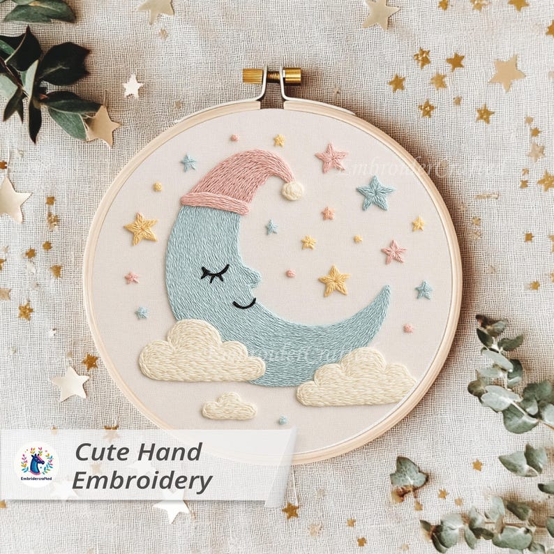 Baby Moon Embroidery Pattern – Cute Sleepy Moon PDF Template for ...