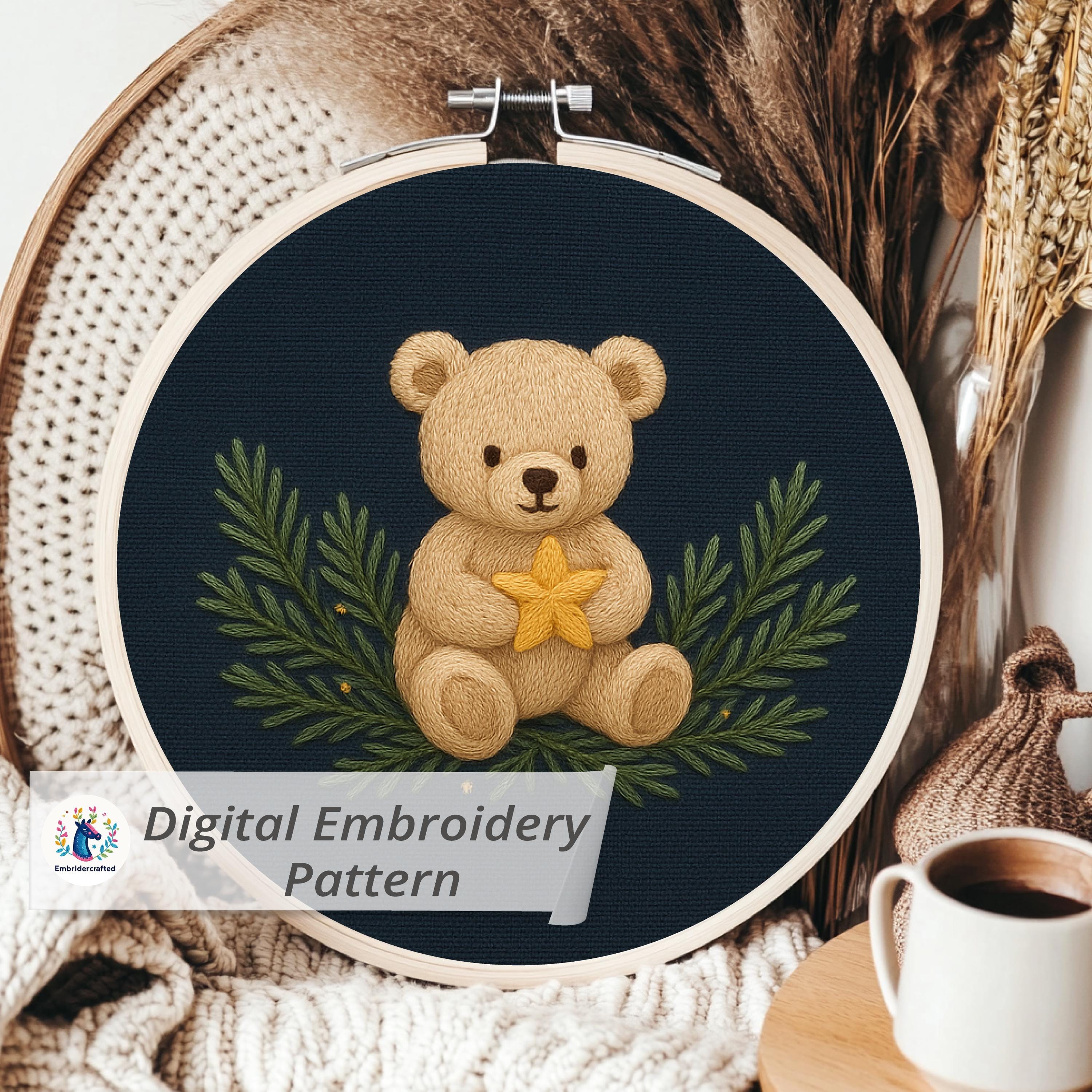Teddy Bear Embroidery Pattern – Winter Christmas Stitch Design Hoop Art ...