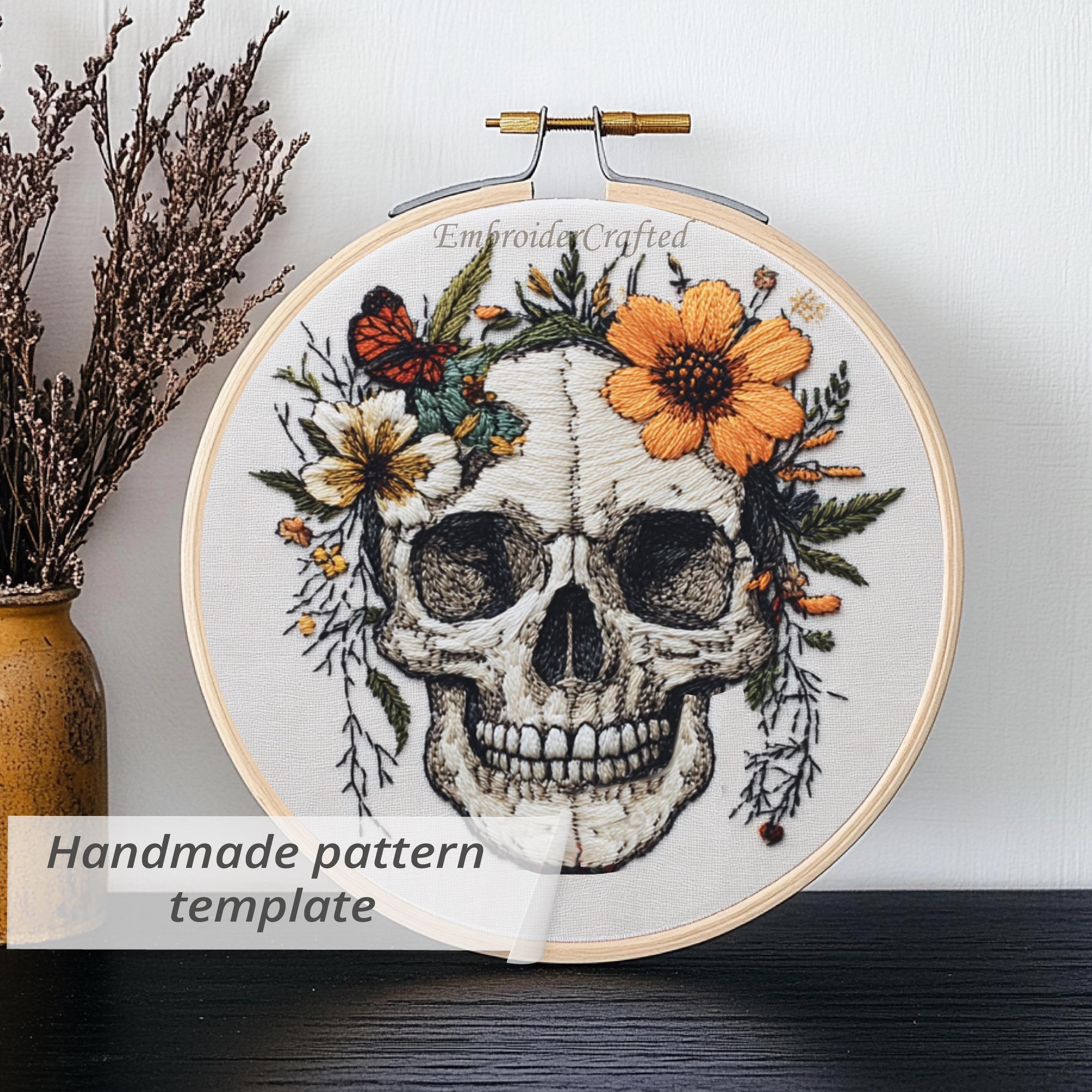 Skull Floral Embroidery Pattern: Gothic Cranium With Flowers Decor (PDF ...