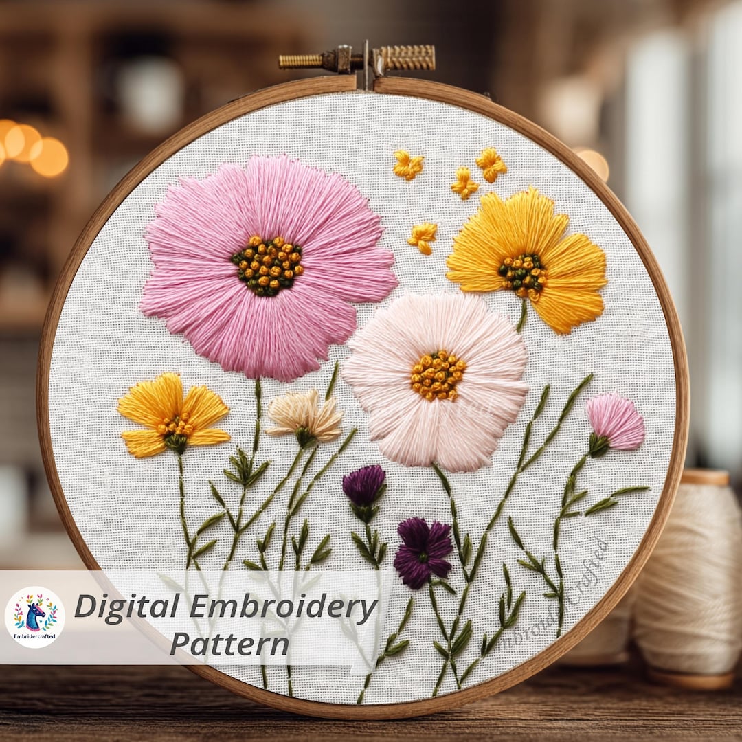 Colorful Flower Embroidery Pattern PDF | Hand Stitch Hoop Art Beginner ...