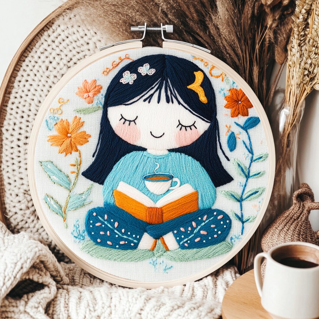 Cozy Girl Reading Embroidery Pattern: Floral Hoop Art (PDF Download, 6 ...