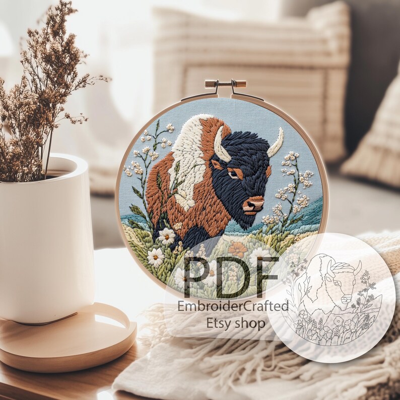 Bison Hand Embroidery Pattern: Stitched Wildlife Decor for Rustic Home ...