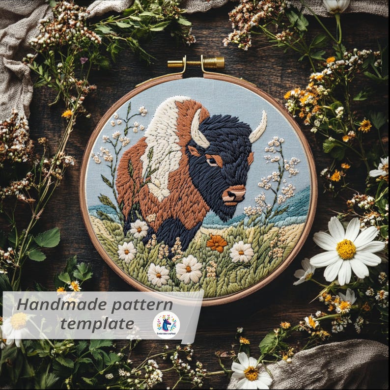 Bison Hand Embroidery Pattern: Stitched Wildlife Decor for Rustic Home ...