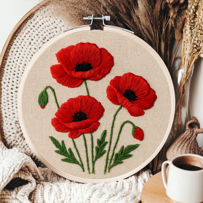 Red Poppy Embroidery Pattern: Floral Hand Stitch Design (PDF Download ...