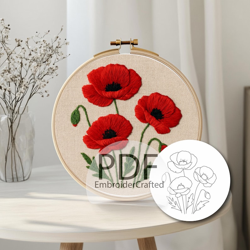Red Poppy Embroidery Pattern: Floral Hand Stitch Design (PDF Download ...