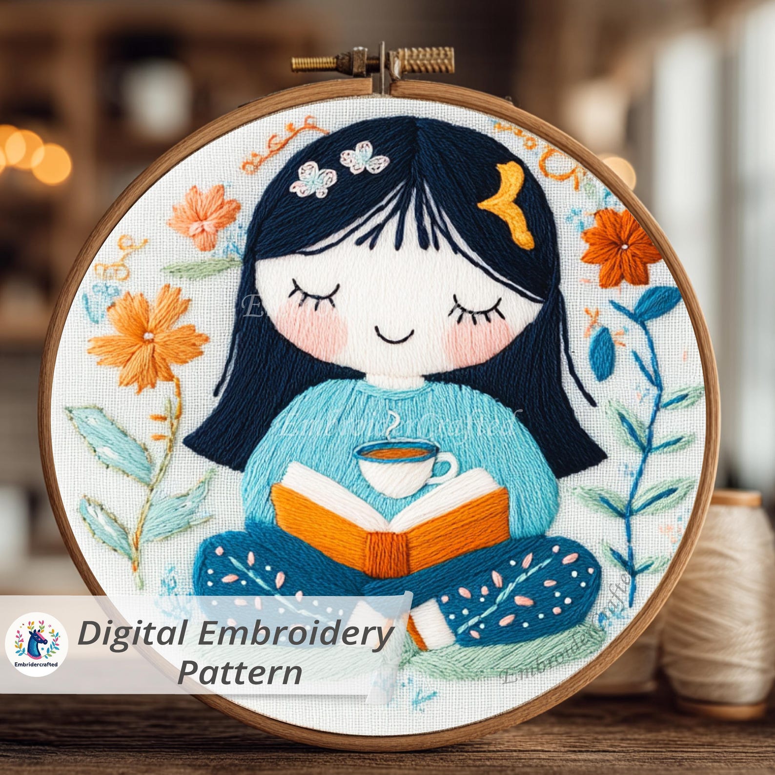 Cozy Girl Reading Embroidery Pattern: Floral Hoop Art (PDF Download, 6 ...