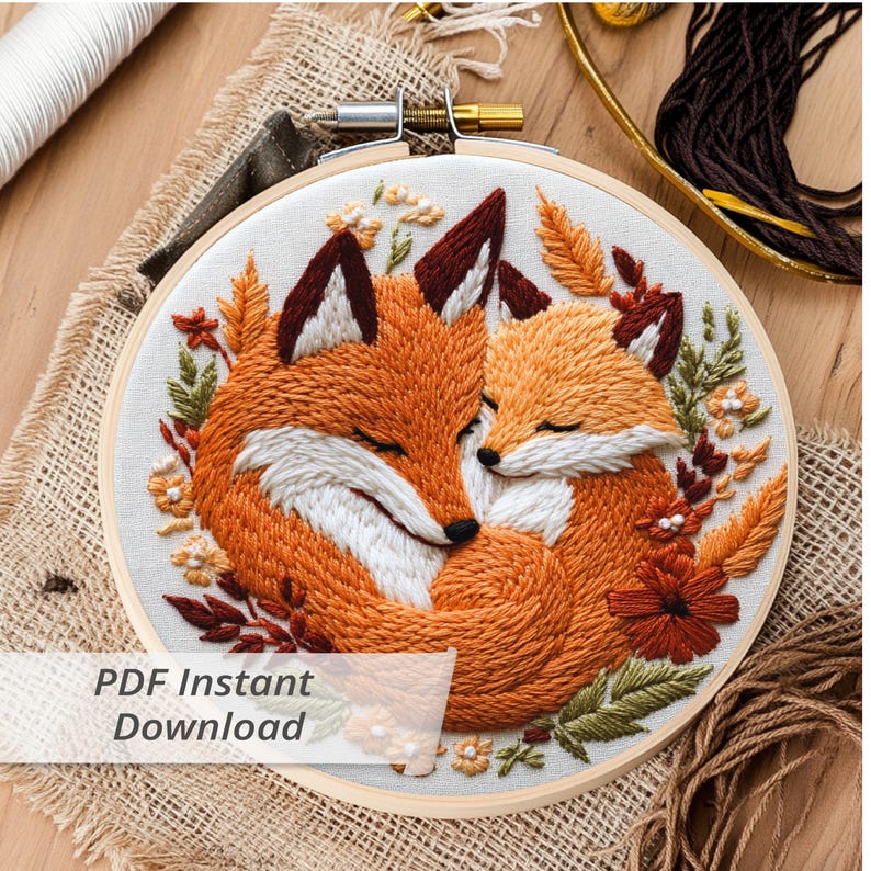 Mother and Baby Fox Hand Embroidery Pattern – Forest Animal Hoop Art ...