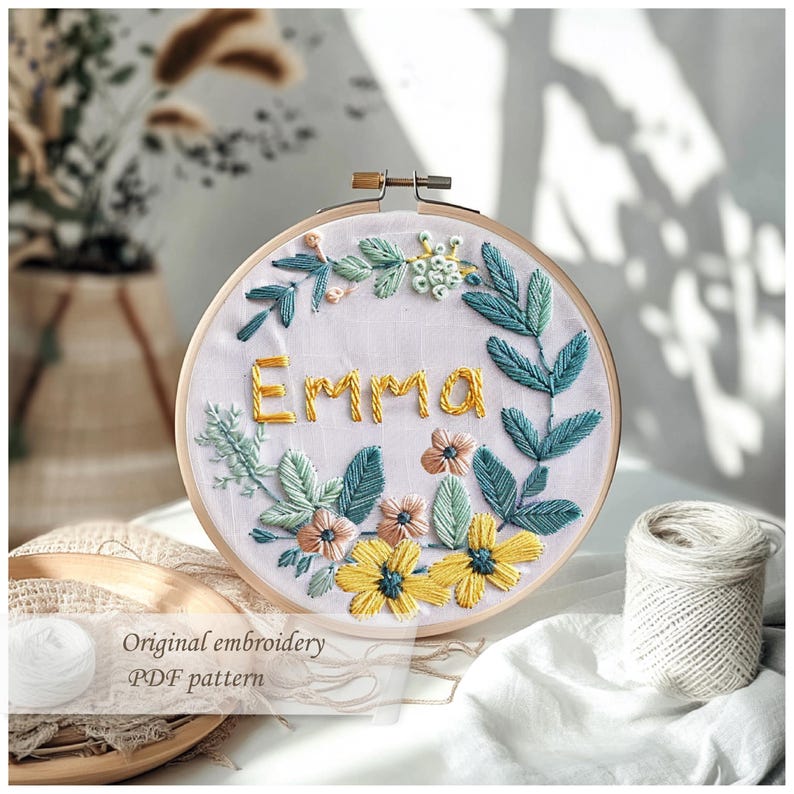 Floral Name Embroidery Pattern: Wildflower Wreath, Personalized Hoop ...